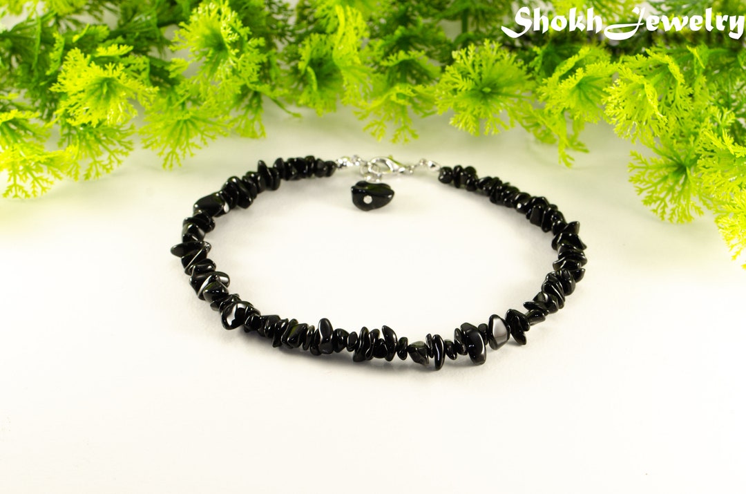 Black Obsidian Chip Anklet, Natural Gemstone Ankle Bracelet, Genuine ...