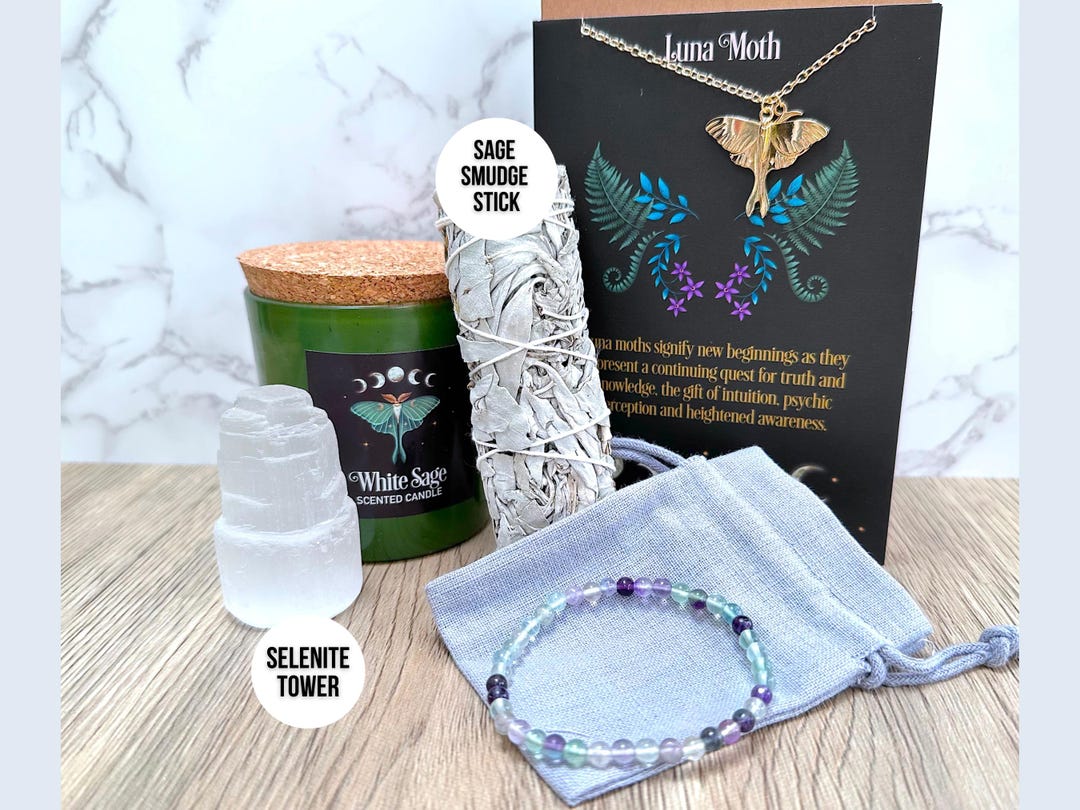 Luna Moth Candle Gift Set Box, White Sage Beeswax Candle, Sage Stick ...