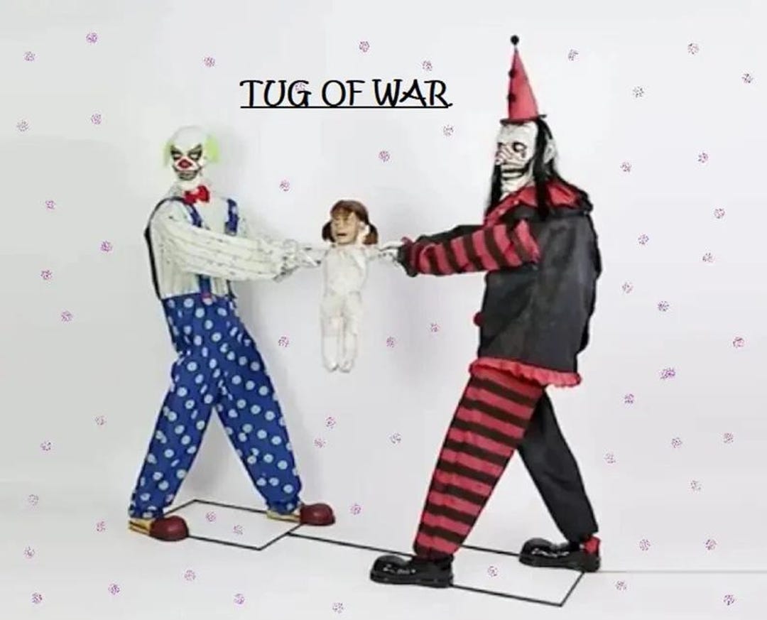 New Halloween Animated Lifesize Creepy TUG OF WAR Red Black Clowns Prop ...