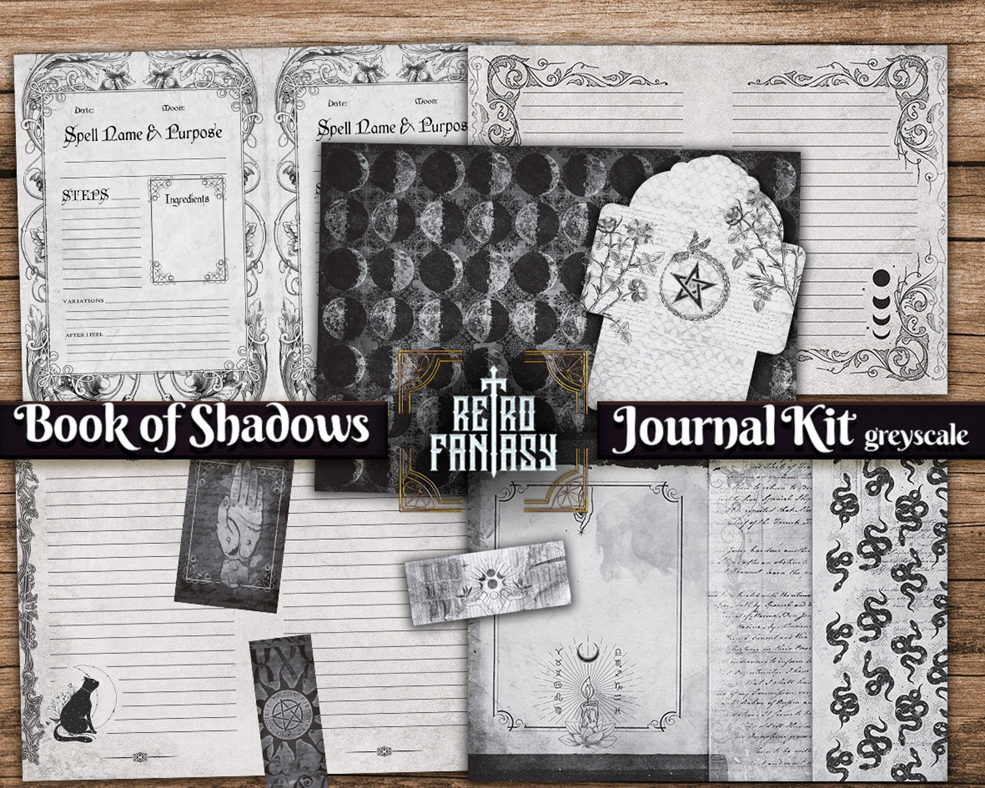 Book of Shadows Greyscale Printable TEMPLATE for Spells for - Etsy