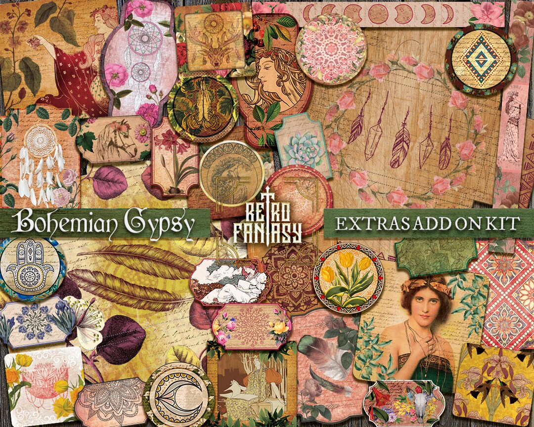 Bohemian Gypsy Extras Add on Kit Digital Ephemera Floral Vintage Spring ...