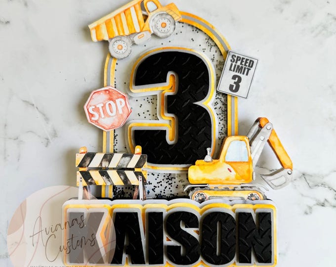 Custom 3D Watercolor Shaker Construction Birthday Cake Topper ...