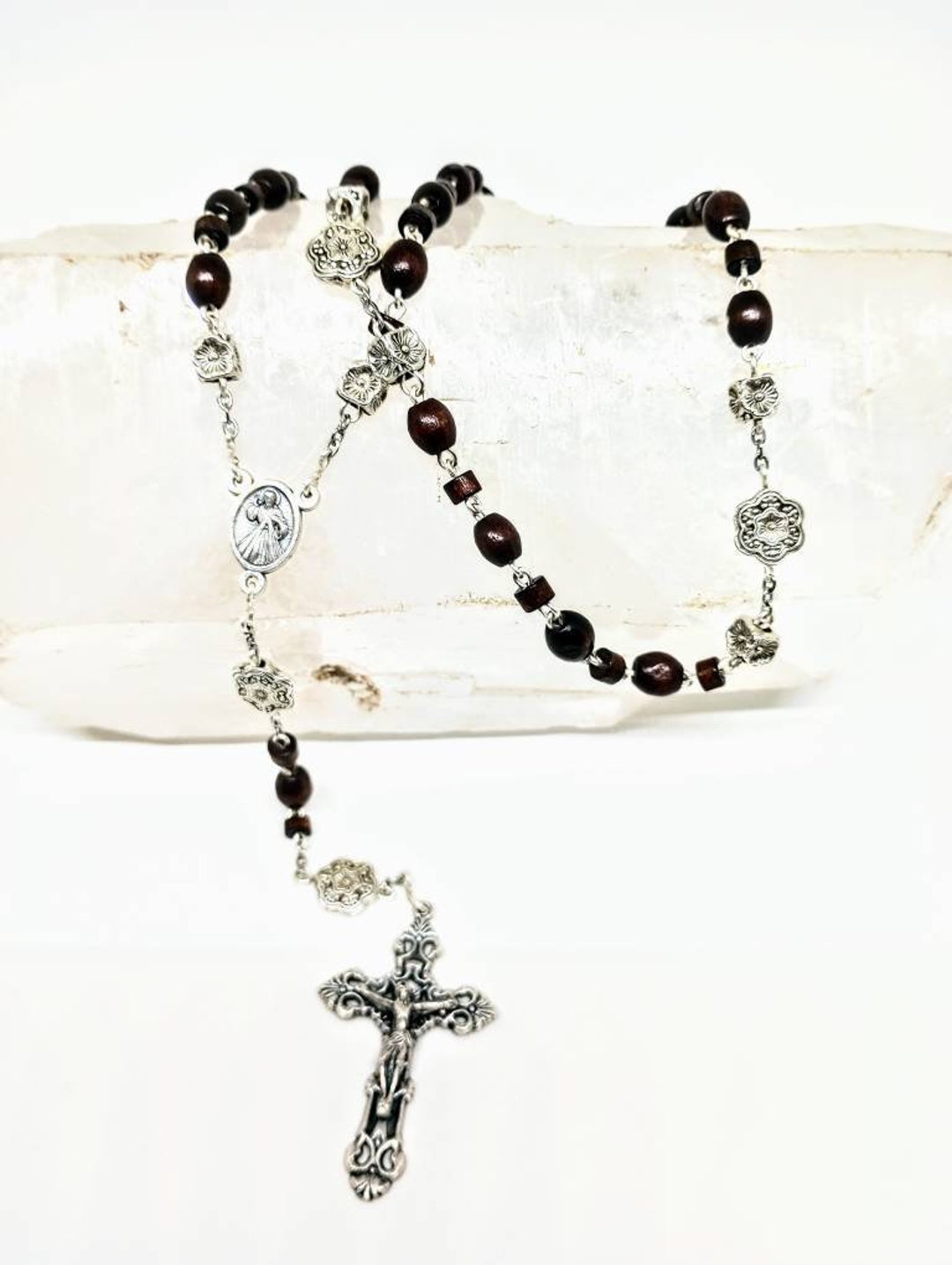 Mid-century Modern Rosary: Oxblood Wood & Metal Alloy, 16in Floral ...