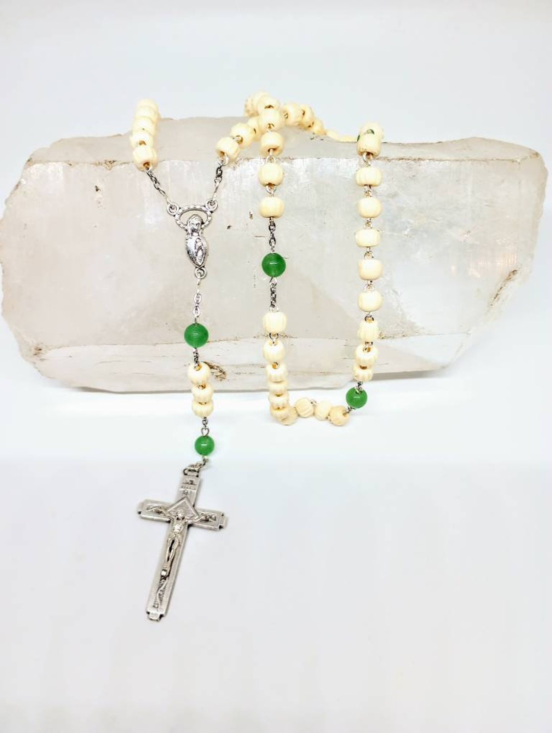 Hand Carved Bone Rosary: Aventurine Accent Piece - Etsy
