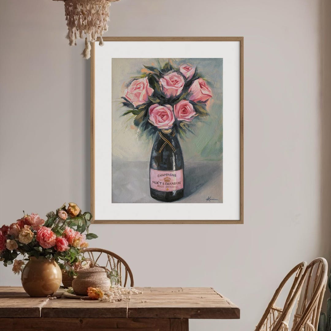 Pink Roses Art Print, Bouquet of Roses Still Life Art, Champagne and ...