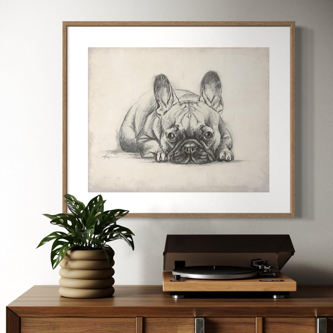 French Bulldog Art Print, Sleeping Frenchie Drawing, Vintage French ...