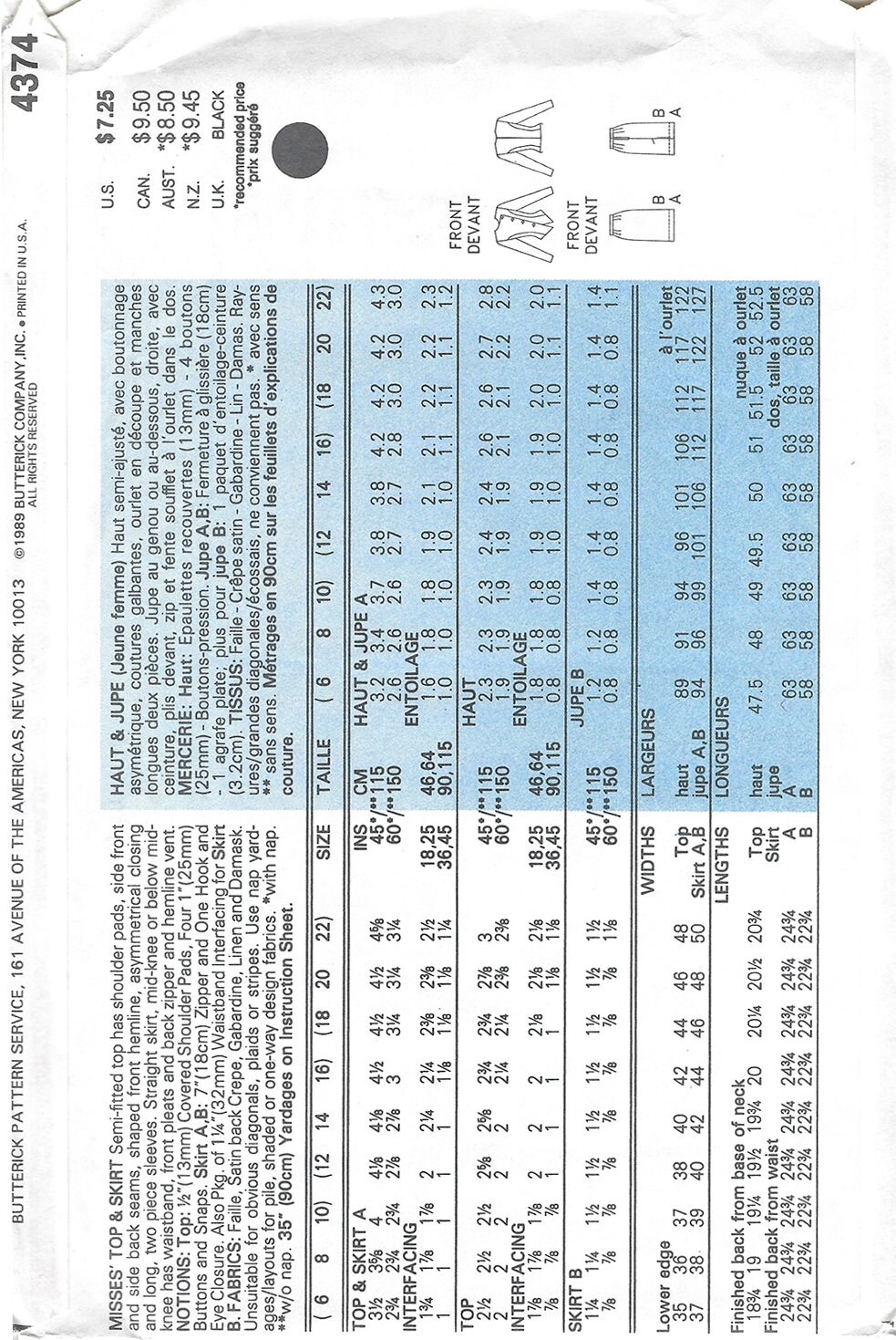 Butterick Pattern 4374, Misses’ Semi-fitted Top With Sraight Skirt ...