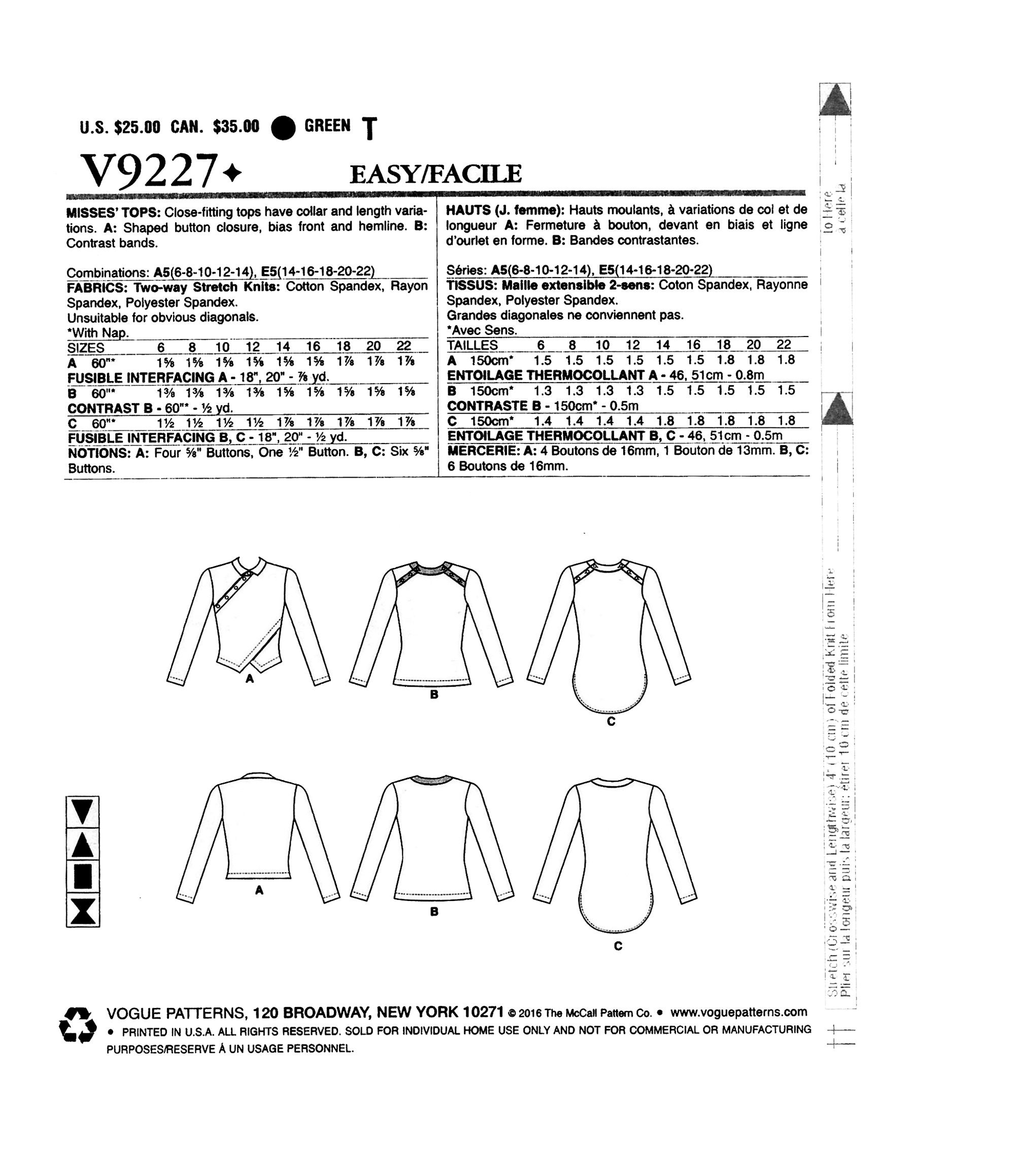 Vogue Pattern 9227, Misses' Button-detail Tops, Sizes: 6-8-10-12-14 ...