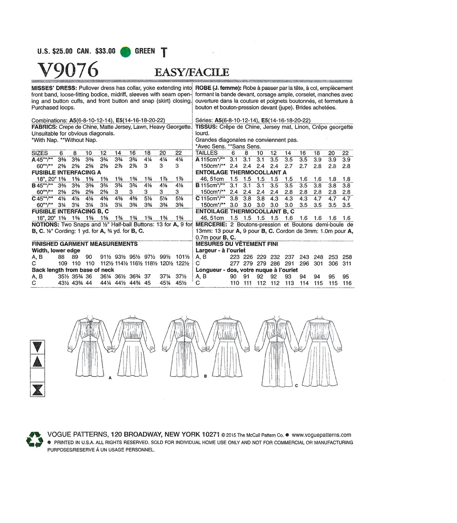 Vogue Pattern 9076, Misses' Gathered Dress With Bishop Sleeves, Sizes ...