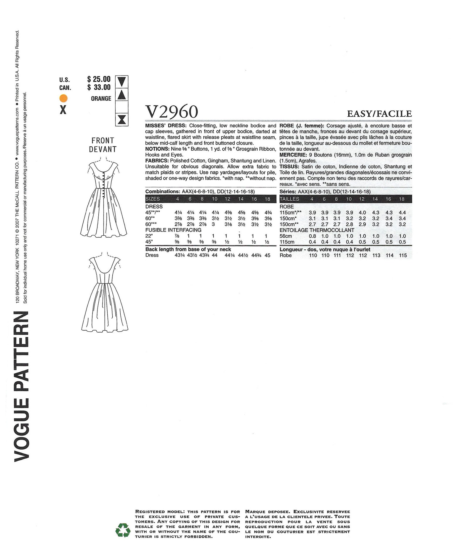 Vogue 2960, Misses’ Close-fitting, Low Neckline Dress, Size 4-10 ...