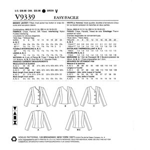 Vogue 9339, Misses’ Fitted Lined Jacket With Button Closure, Sizes: 6-8 ...