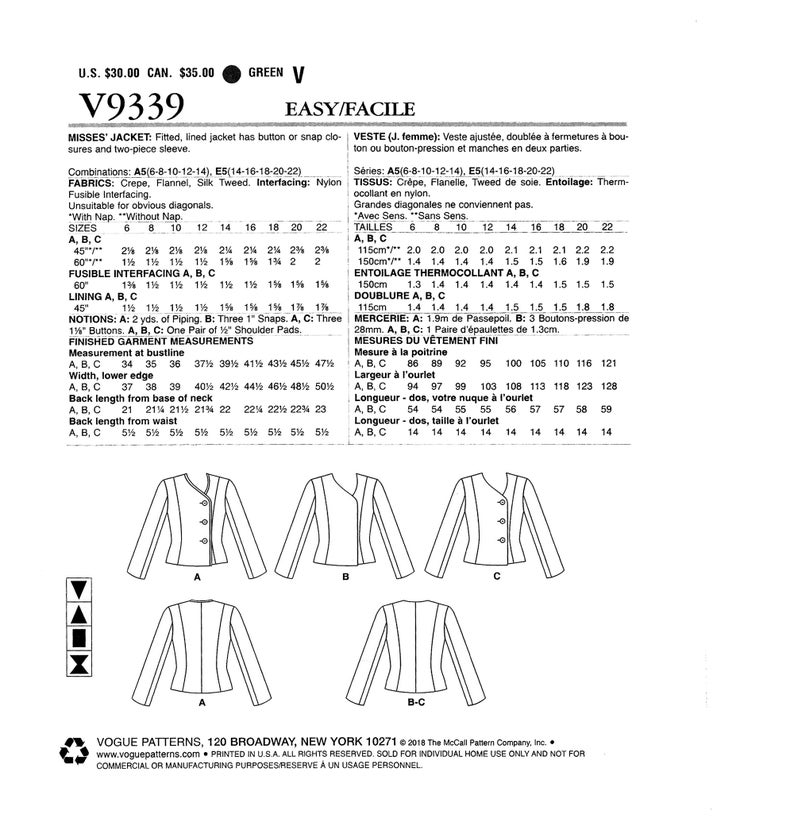 Vogue 9339, Misses’ Fitted Lined Jacket With Button Closure, Sizes: 6-8 ...