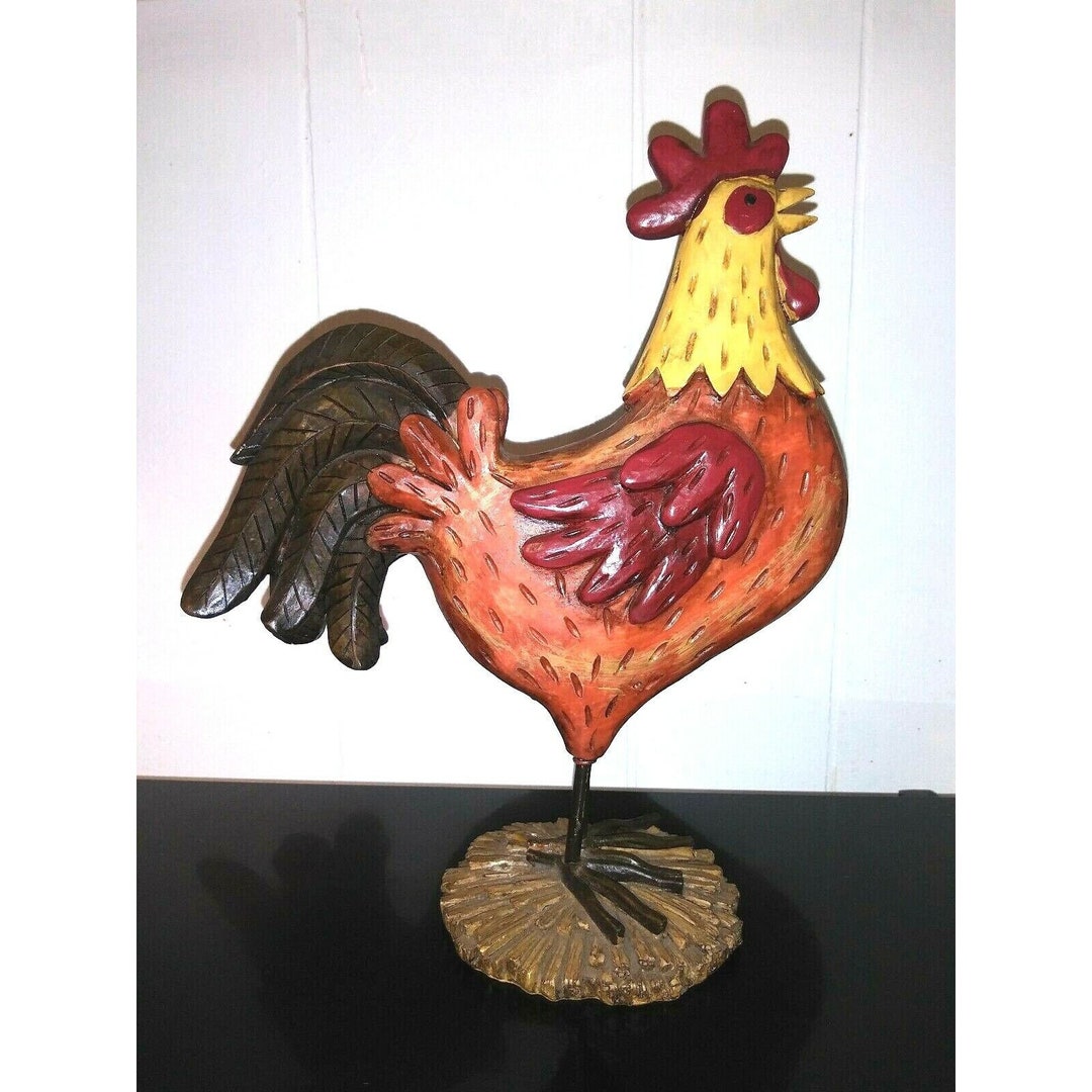 Rooster Chicken Figurine Resin Vintage Glazed Colorful 10" X 8" X 1.25 ...