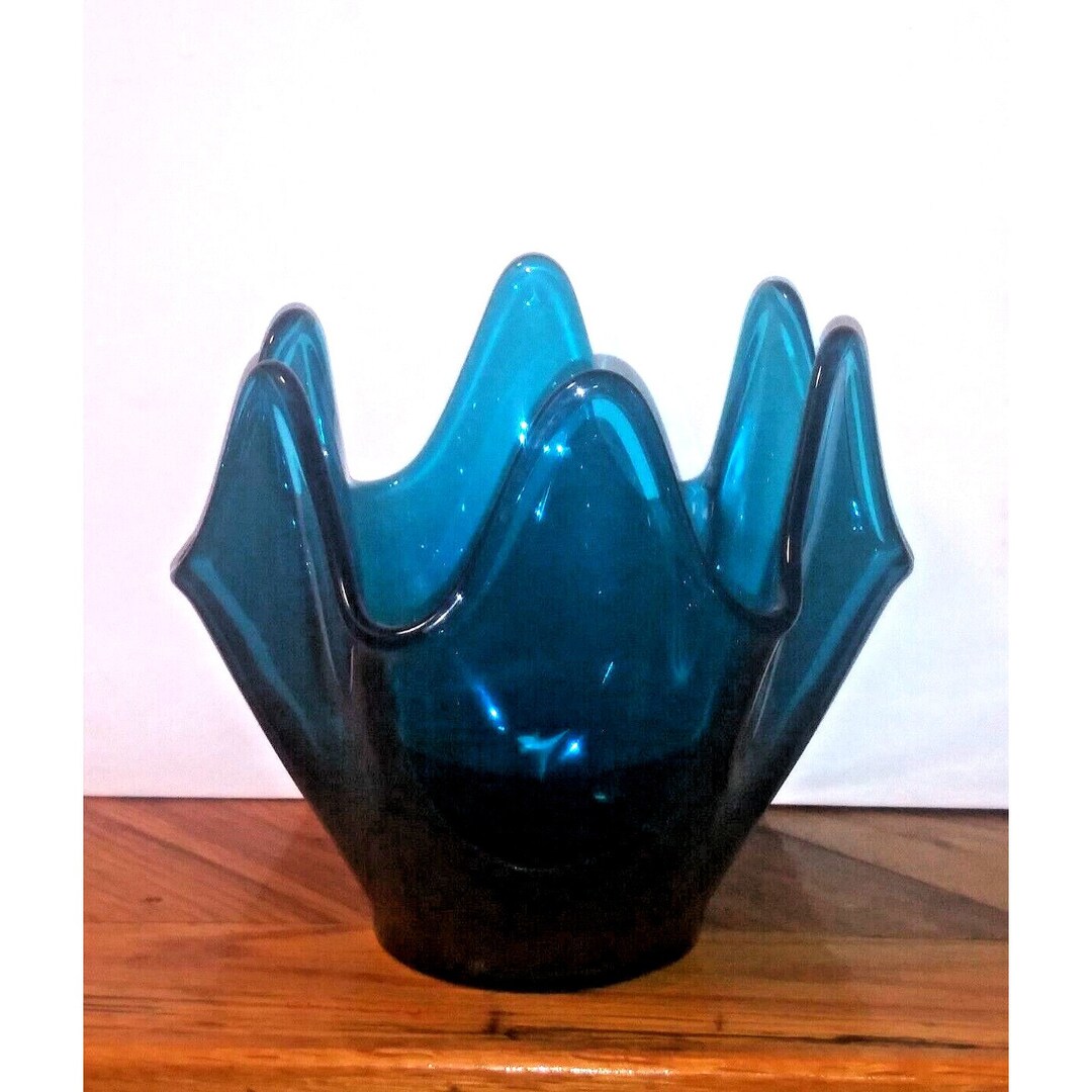 Vintage MCM Viking Glass Handkerchief Bowl Vase Bluenique 6 Petal 6"x6 ...
