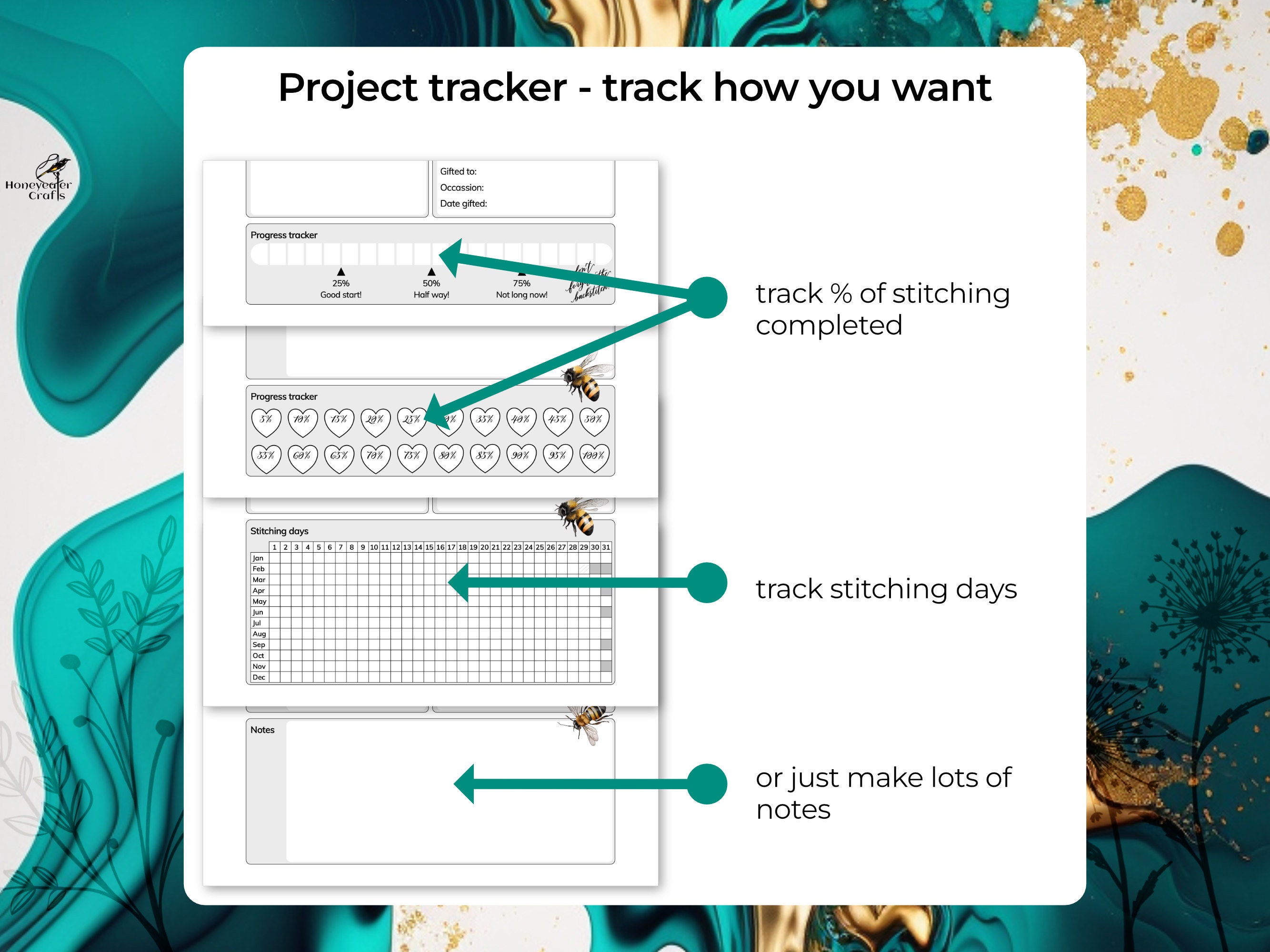 Cross Stitch Planner, Bee Themed Embroidery Project Tracker Accessories ...