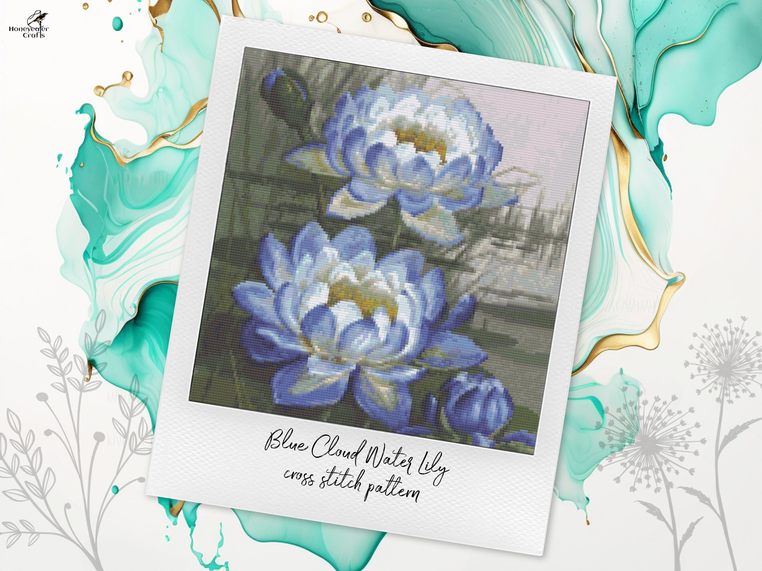 Water Lily Cross Stitch Pattern, Blue Cloud Flower Embroidery, Ellis ...