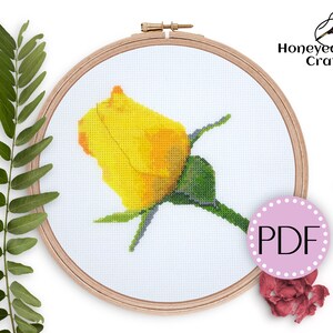 Rose Flower Cross Stitch Pattern, Yellow Rosebud Flower Modern Cross ...