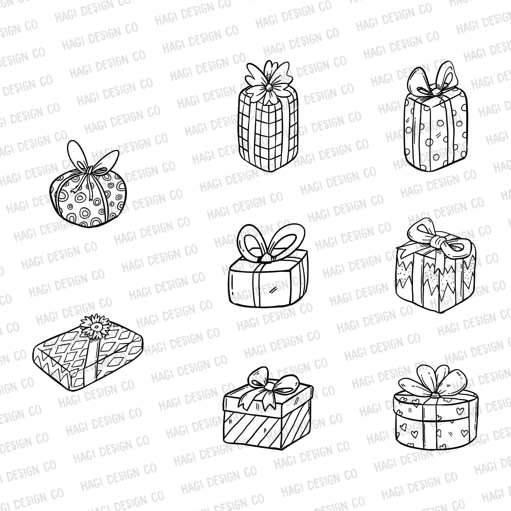 Gift Boxes Outline, Black and White, Sketch Gifts Clipart, Christmas ...