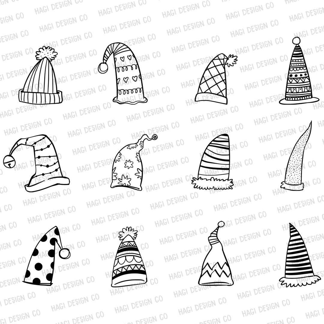 Winter Hats Outline, Christmas Hat Drawing, Knitted Hats Graphic ...