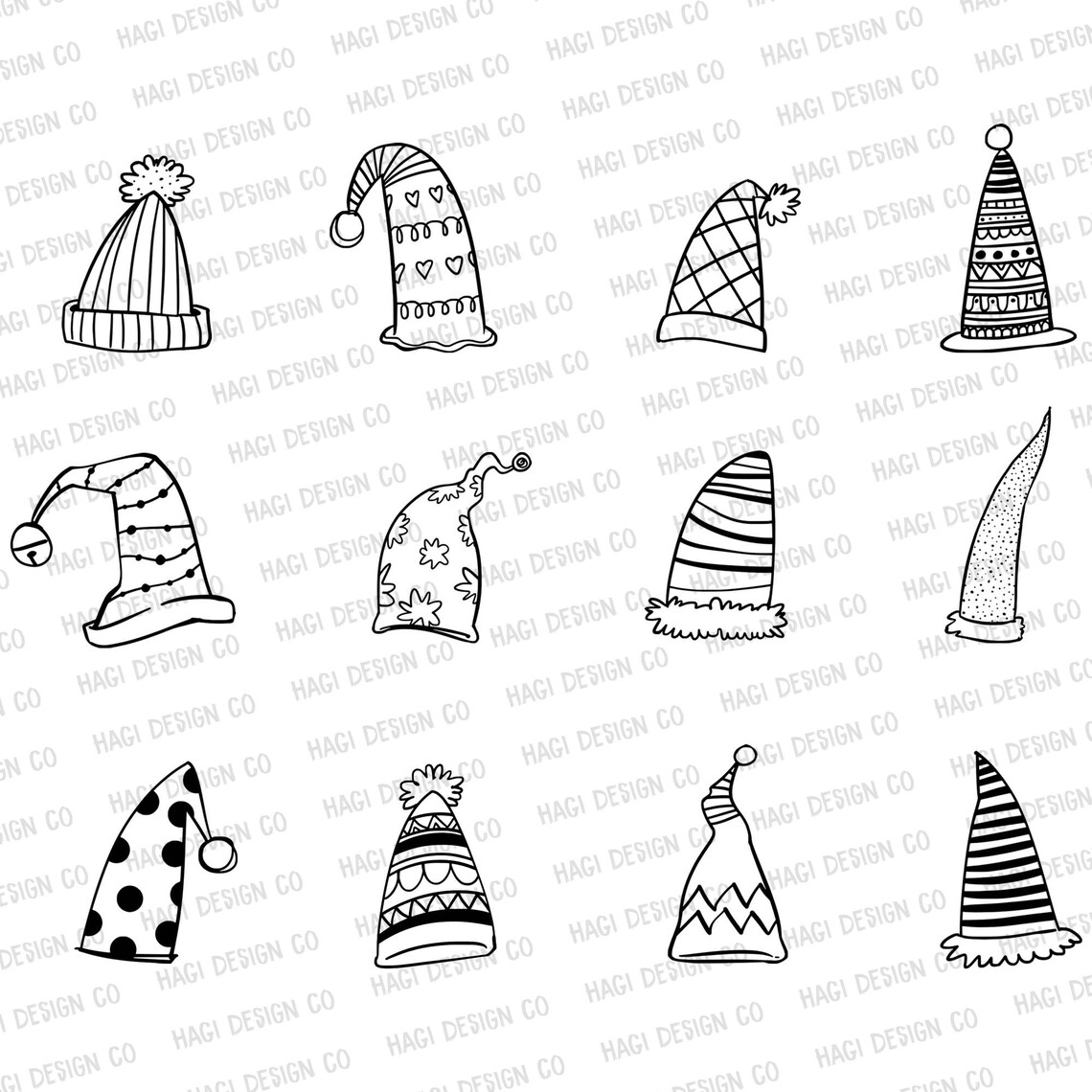 Winter Hats Outline, Christmas Hat Drawing, Knitted Hats Graphic ...