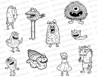 Monster Outlines Fictional Character Kit Black and White | Etsy