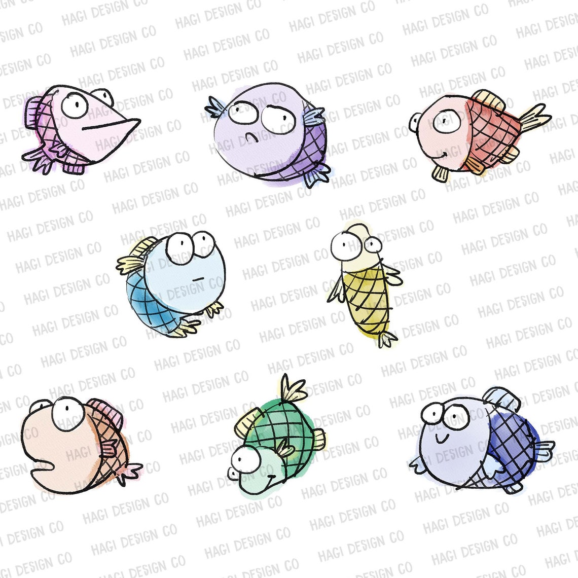 Funny Watercolor Fish Cliparts, Cute Cartoon Clip Art for Kid ...