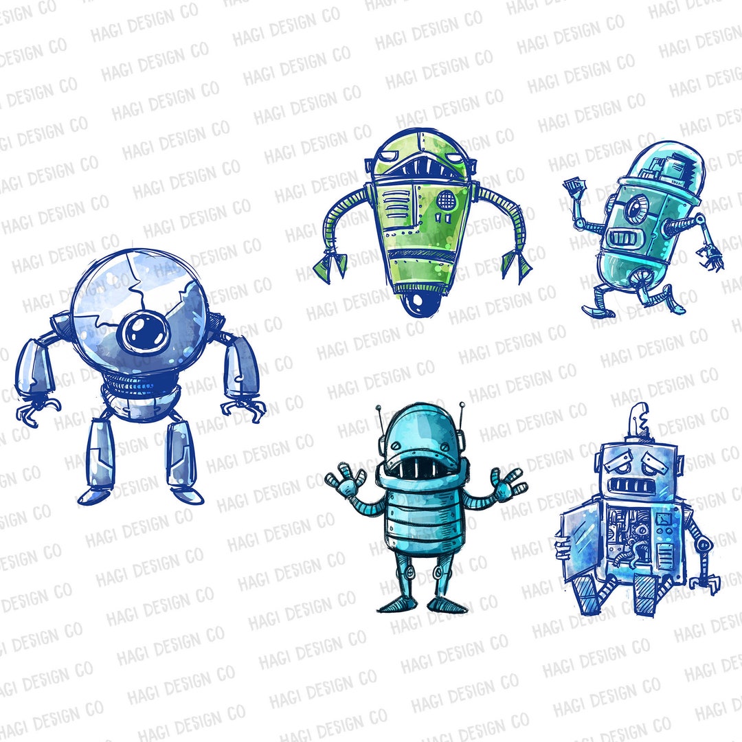Digital Watercolor Robot Cliparts, Cute Cartoon Clip Arts for Kids ...