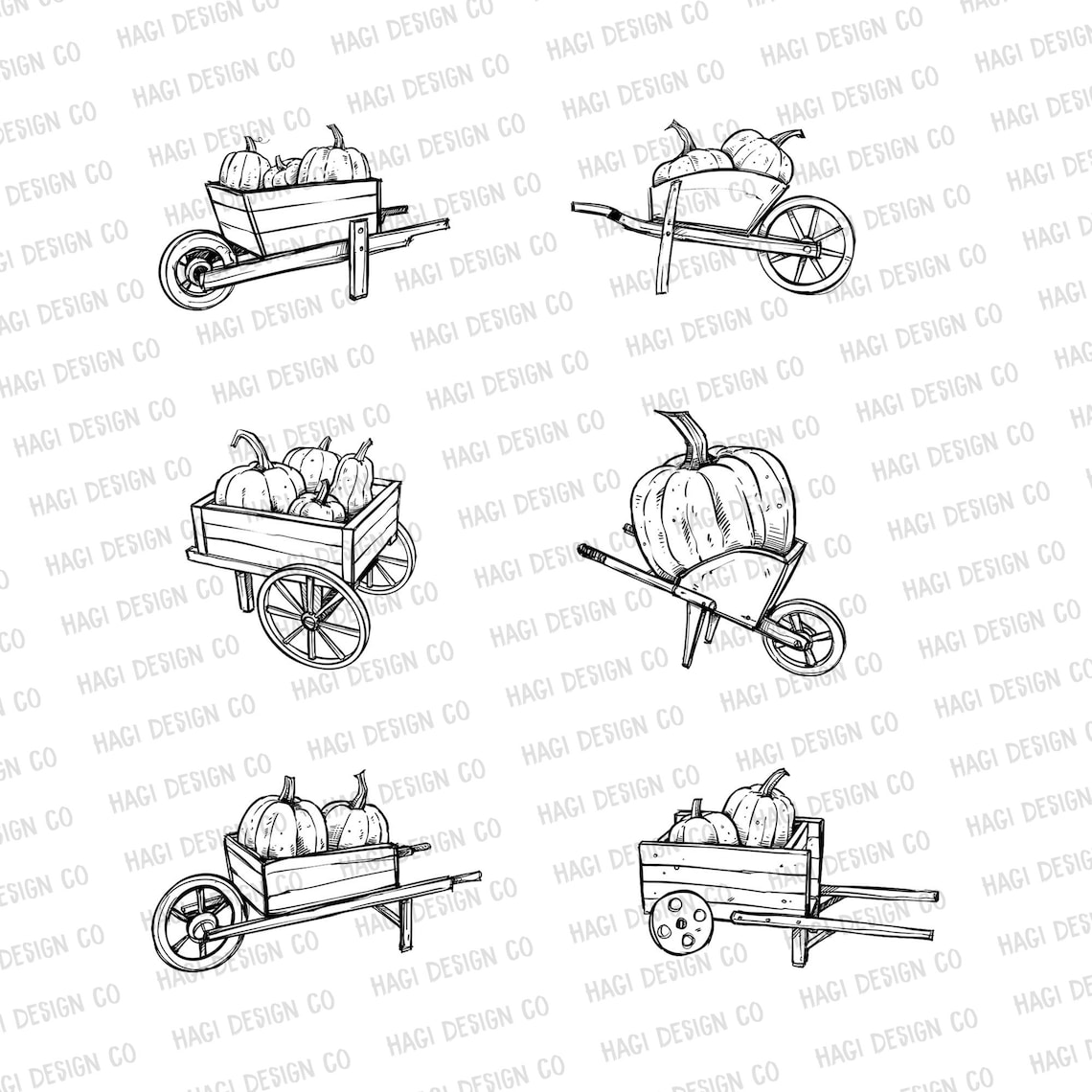 Pumpkin Carts Clipart, Pumpkin Wheelbarrows Clip Art, Outline, Black ...