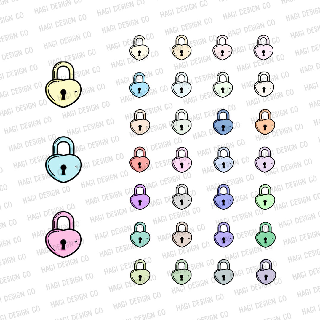 Heart Locks Clipart, Cute Cartoon Kawaii Doodle Graphics, Valentine ...