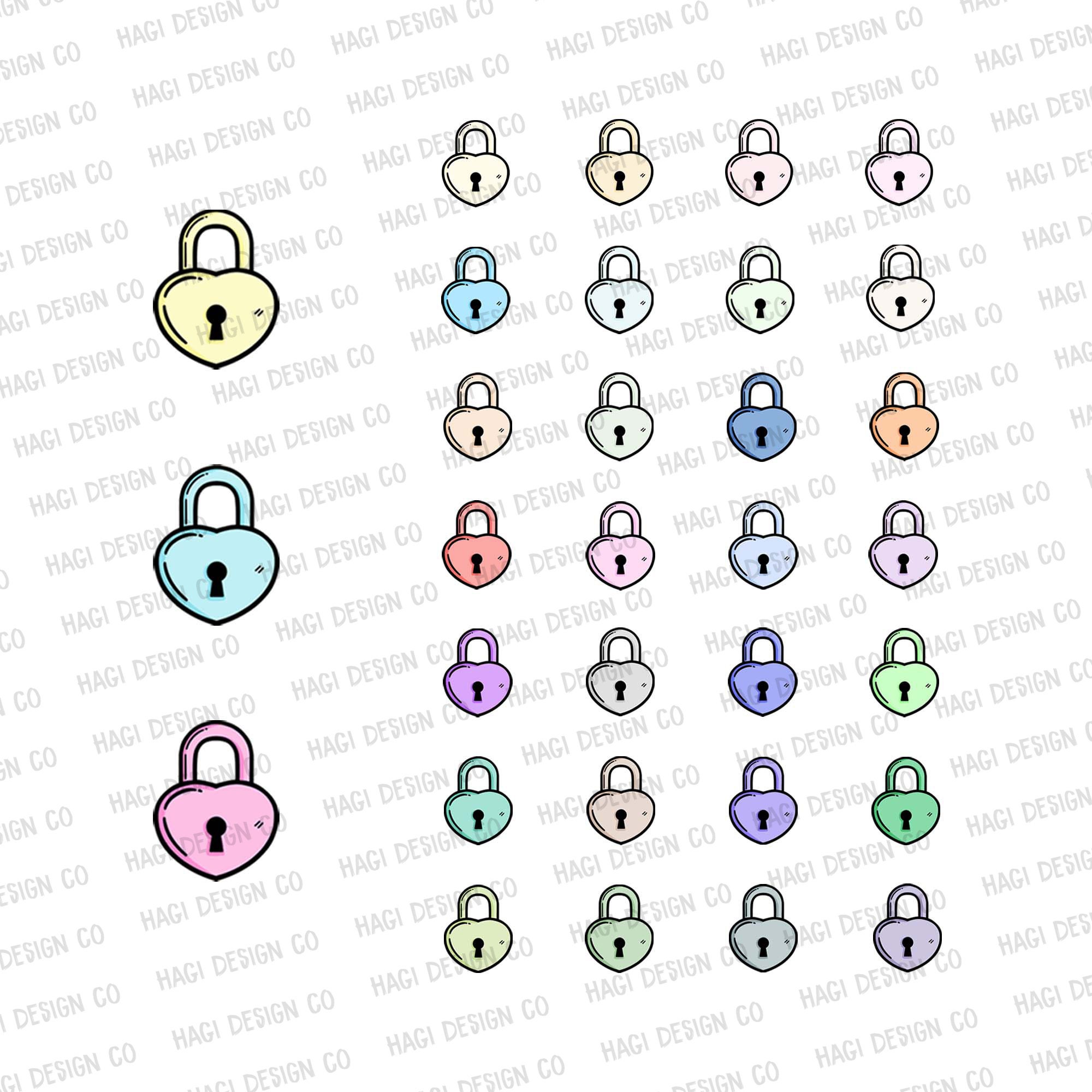 Heart Locks Clipart, Cute Cartoon Kawaii Doodle Graphics, Valentine ...
