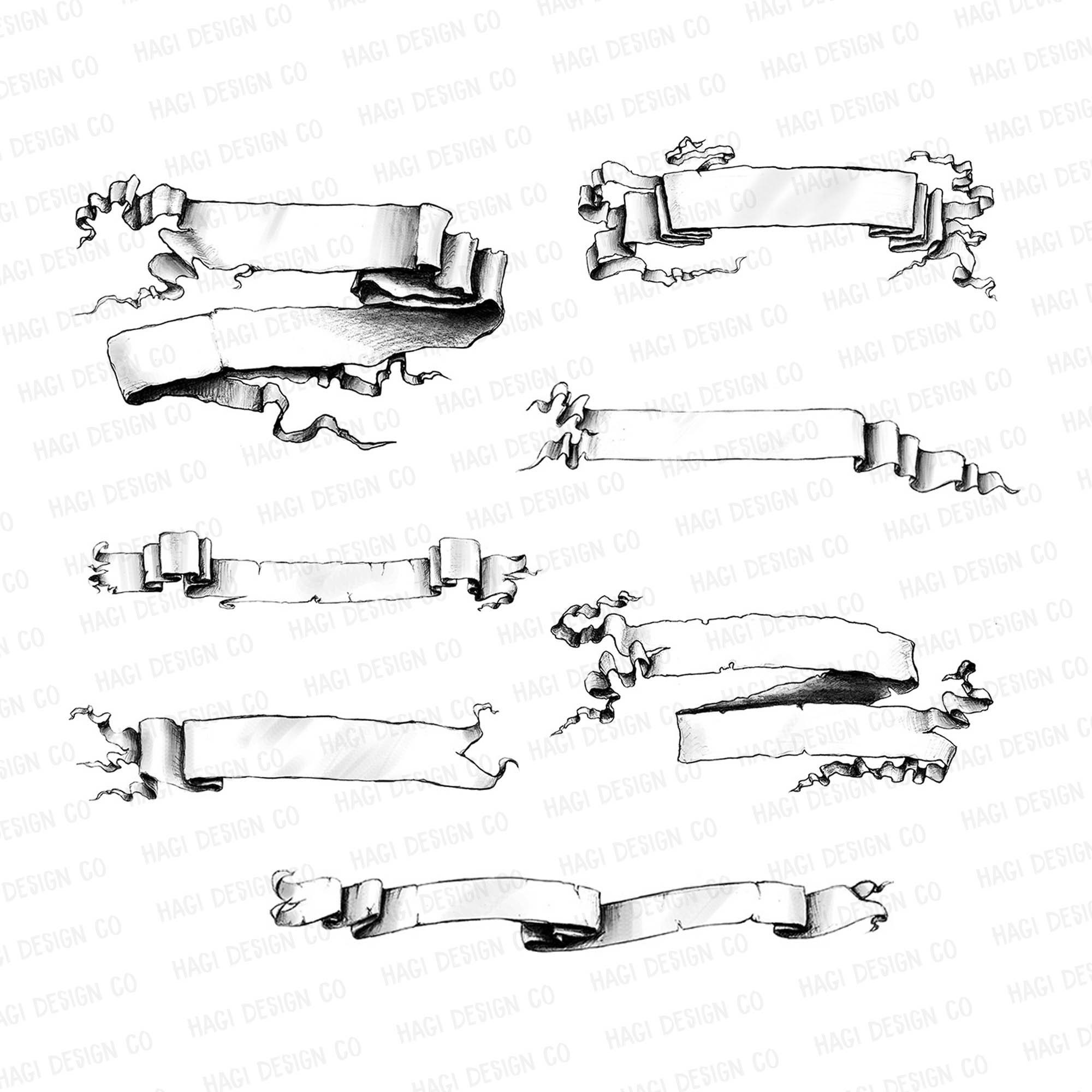 Banner Elements PNG Files, Scroll Sketch Vintage Swirl Ribbon Cliparts ...