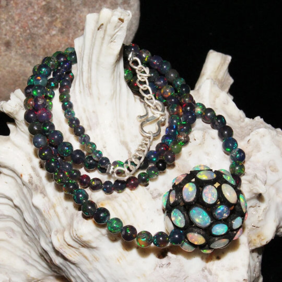 Natural Ethiopian Black Opal Balls Necklace Opal Necklace Silver ...