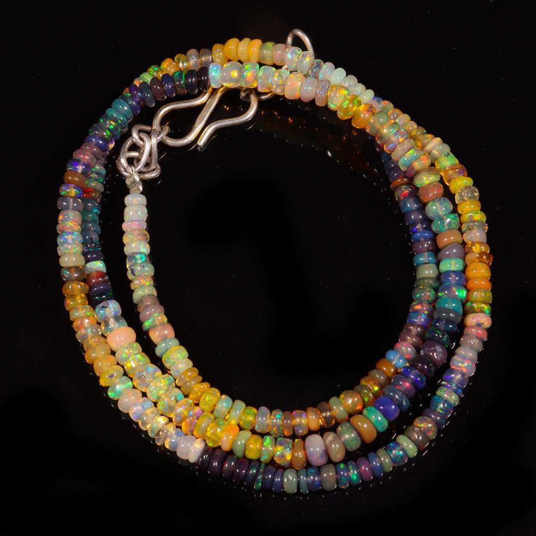 Welo Opal Necklace, Natural Ethiopian Fire Black Smooth Opal Beads ...