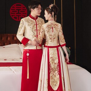 Premium Cutting Champagne+ Red Traditional Chinese Wedding Xiuhe Dress ...