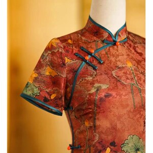 New China Cheongsam, Water Lily+ Han Zi Printed Red Qipao, Prom Dress ...