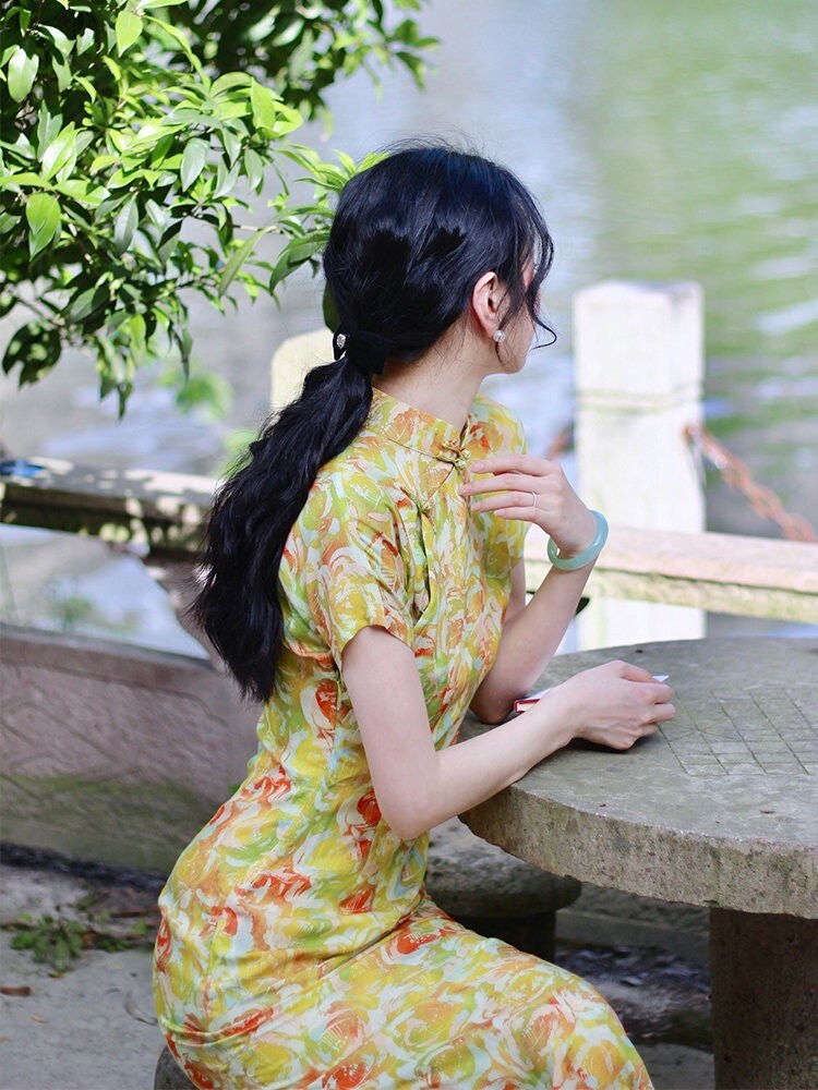 Summer Oil Painting Qipao Side Pankou Open Closure Vintage - Etsy