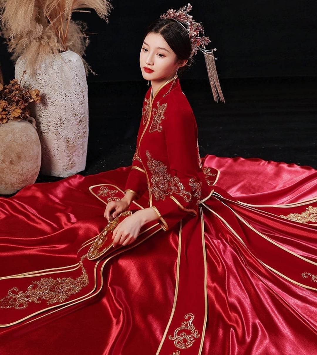 Traditional Chinese Bridal Red Wedding Xiuhe Dress, 苏绣 Su Embroidery ...