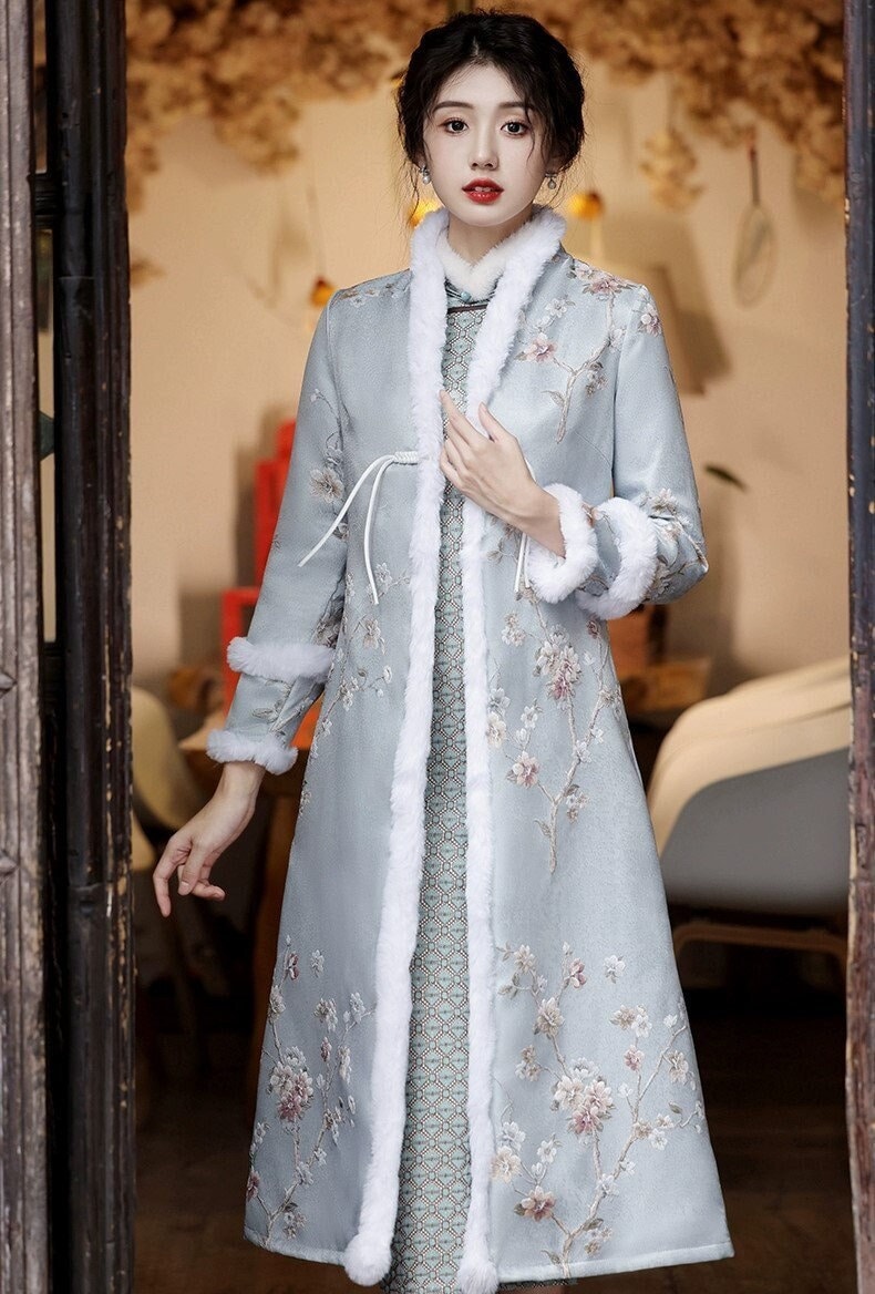 Classic Chinablue Cheongsam Jacket, Hairy Sleeves Long Coat Classic Chinablue Cheongsam Jacket, Hairy Sleeves Long Coat