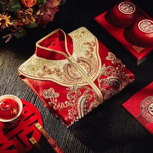 Traditional Chinese Bridegroom Brown Red Wedding Xiuhe Dress, Golden ...