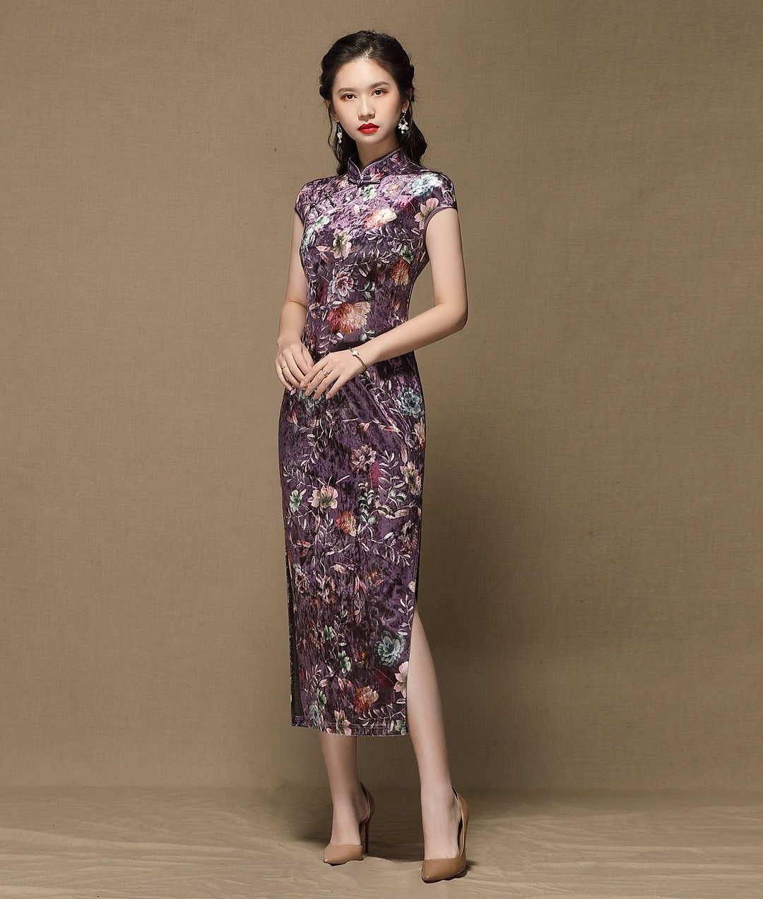 2021 China Cheongsam Classical Flower Pattern Velvet Stretchy - Etsy UK