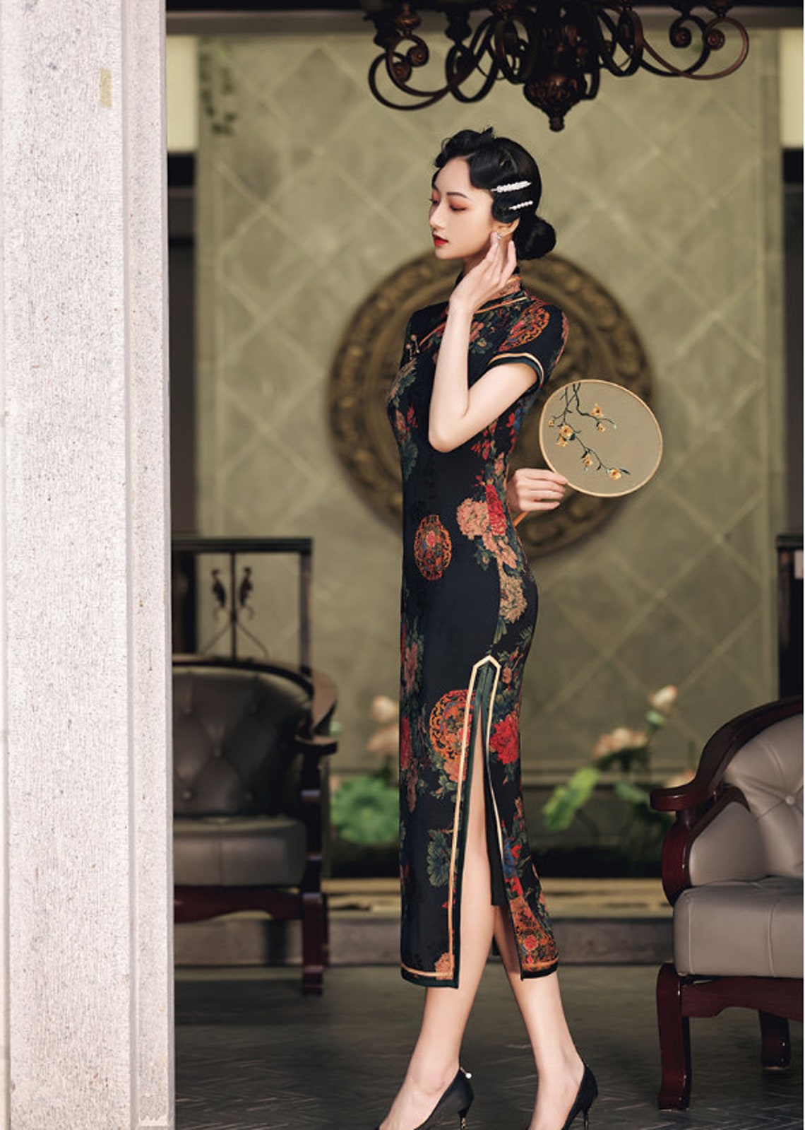 Vintage China Cheongsam in Black Classic Jacquard Flower Full | Etsy