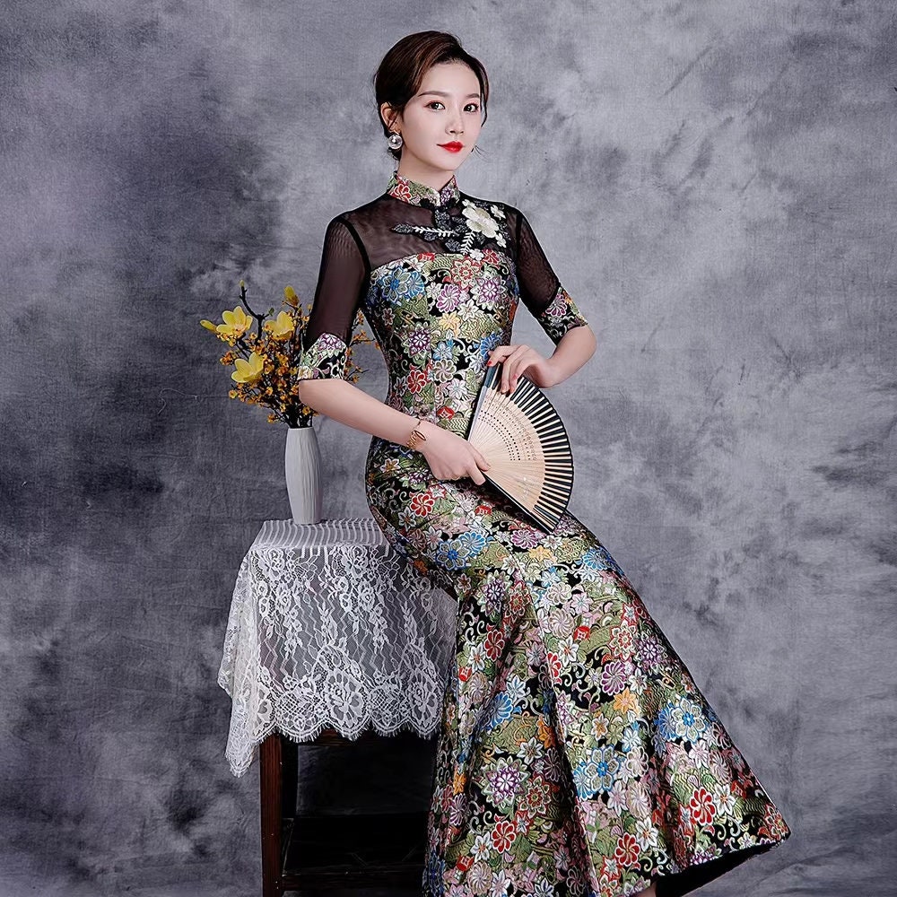 Premium Made Full Length Vintage China Cheongsam in Blue/ Black Stage ...