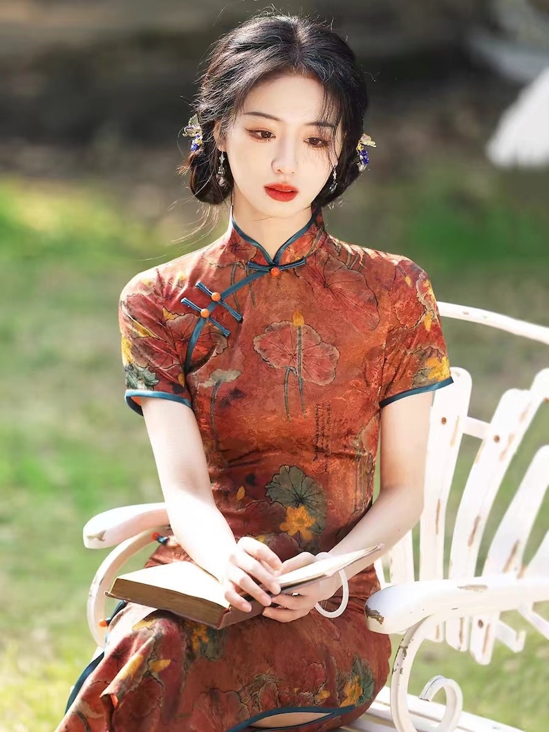 New China Cheongsam, Water Lily+ Han Zi Printed Red Qipao, Prom Dress ...