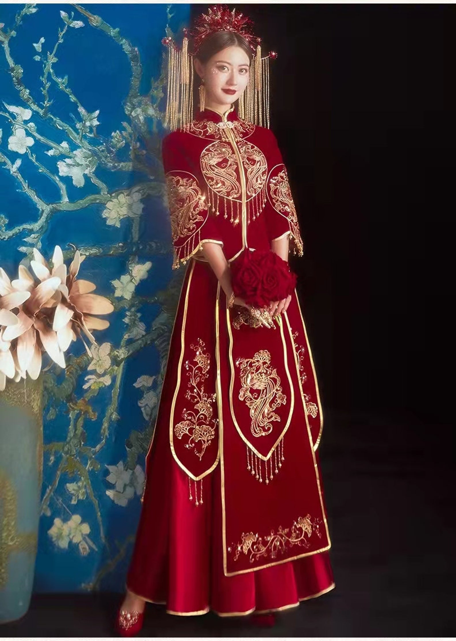 Traditional Chinese Bridal Red Wedding Xiuhe Dress 有凤来仪 Embroidery