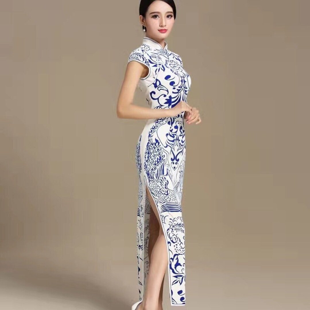 Blue and White Porcelain Pattern China Cheongsam Dress, Velvet Stretchy ...