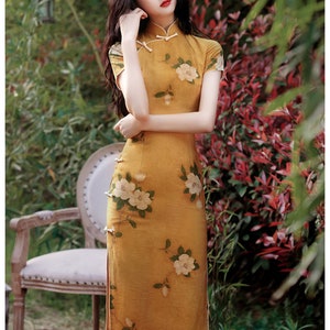 Traditional Chinese Cheongsam Dress, China Qipao in Yellow, Full Length ...