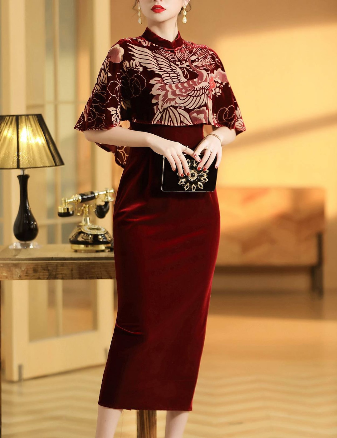 Modern China Red Cheongsam| Chinese Vintage Autumn Dress With Cloak ...