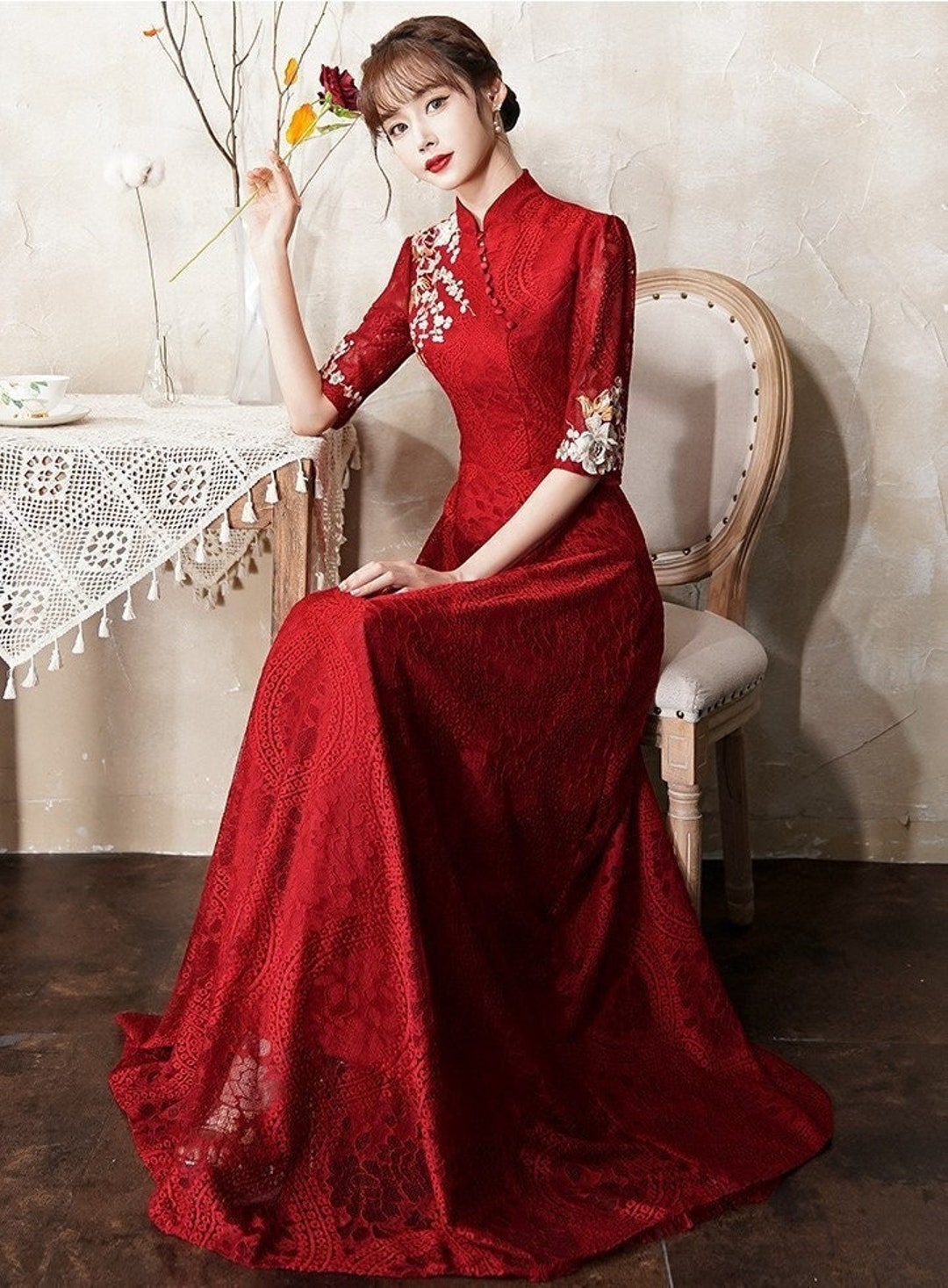New Design Traditional Chinese Bridal Red Qipao Lace Gown, Wedding ...