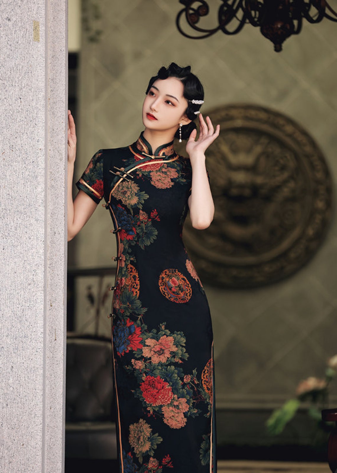 Vintage China Cheongsam in Black Classic Jacquard Flower Full - Etsy