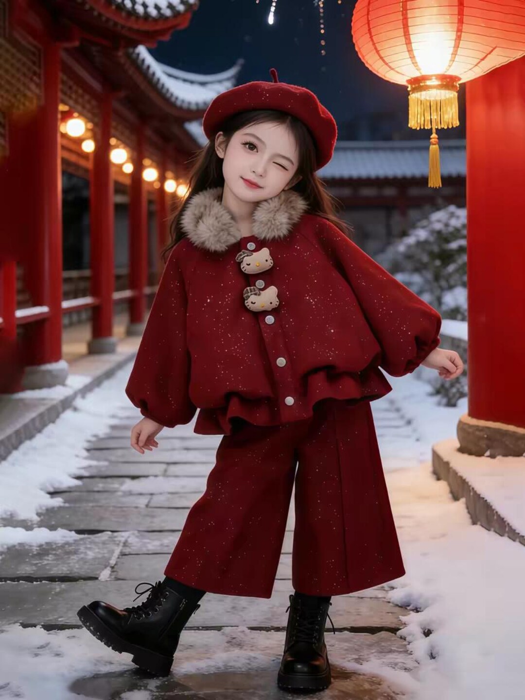 Girl's Chinese CNY Tang Thick Suit, Red Blink Jacket + Pants, Spring ...